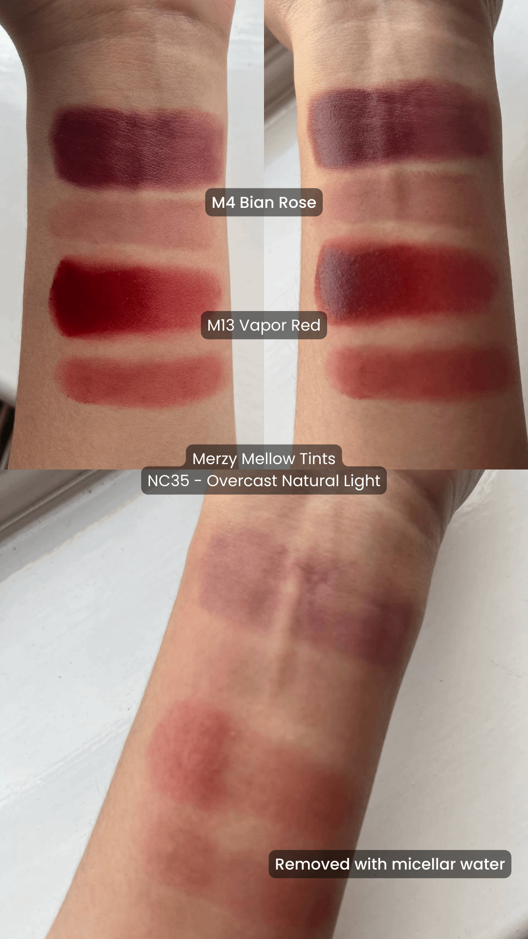 Merzy Mellow Tints (M4 Bian Rose; M13 Vapor Red) on a Medium Tan ...