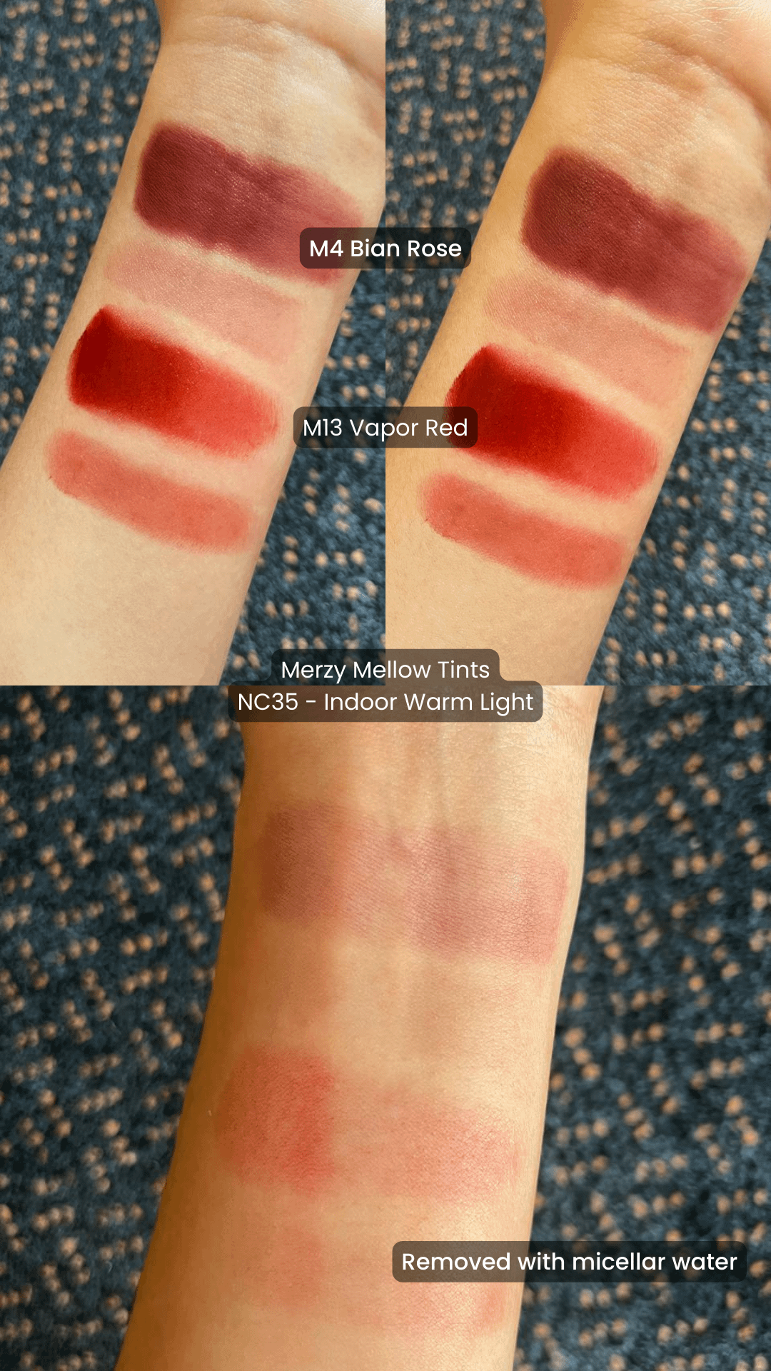 Merzy Mellow Tints (M4 Bian Rose; M13 Vapor Red) on a Medium Tan ...