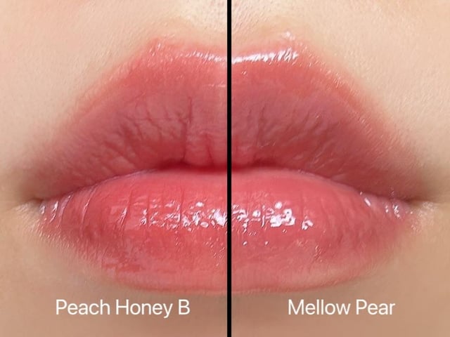 Romand Juicy Lasting Tint Peach Honey B vs Mellow Pear swatch ...