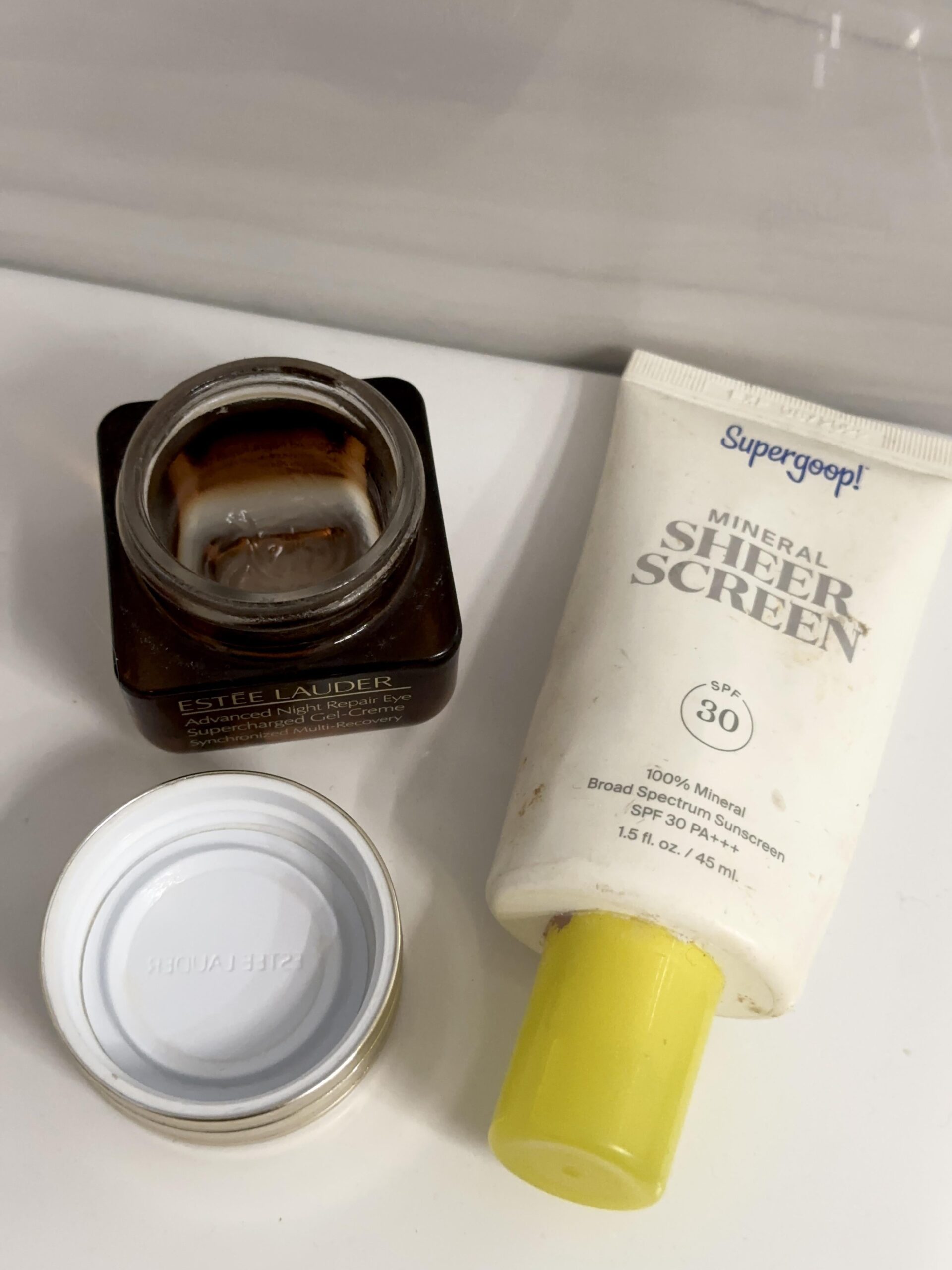 Skincare empties (Estée Lauder ANR eye cream & Supergoop mineral sheer ...