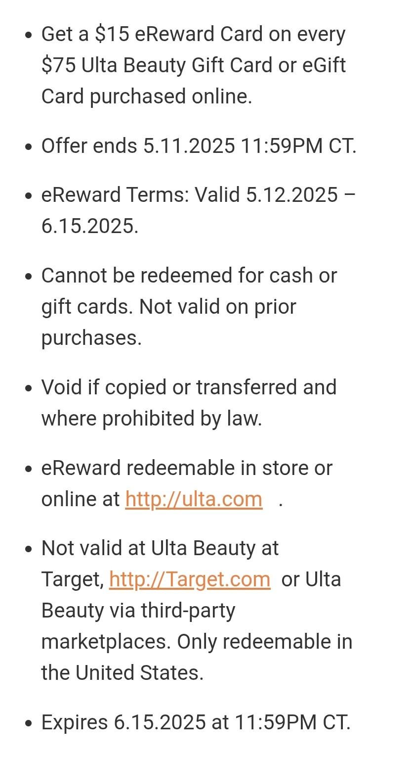 Ulta, eGift Card Offer: Get a $15 eReward Card on Every $75 Ulta Beauty ...